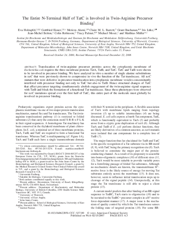 (PDF) The Entire N-Terminal Half of TatC is Involved in Twin-Arginine ...