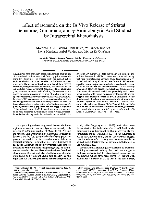 (PDF) Effect of ischemia on the in vivo release of striatal dopamine, glutamate, and γ ...