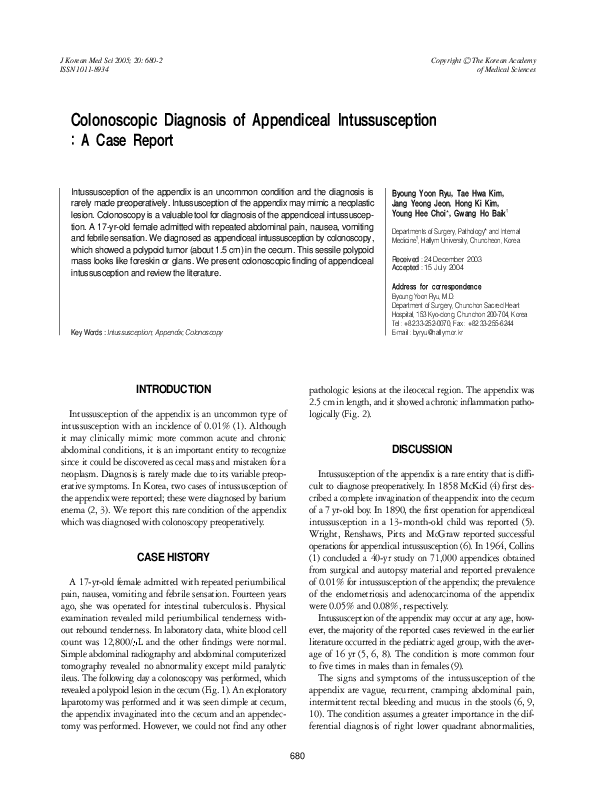 Pdf Colonoscopic Diagnosis Of Appendiceal Intussusception A Case Report