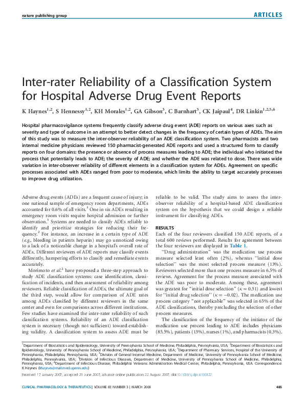 Inter-rater Reliability of a Classification System for Hospital Adverse ...