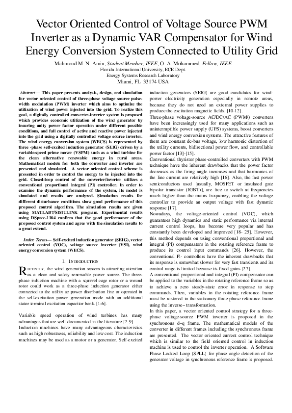 Pdf Vector Oriented Control Of Voltage Source Pwm Inverter As A Dynamic Var Compensator For