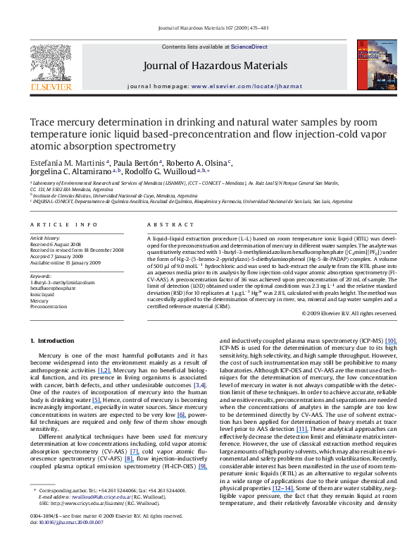 Trace Mercury Determination In Drinking And Natural Water Samples By Room Temperature Ionic