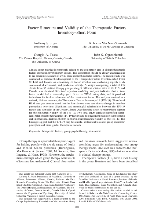 (PDF) Factor structure and validity of the Therapeutic Factors Inventory–Short Form