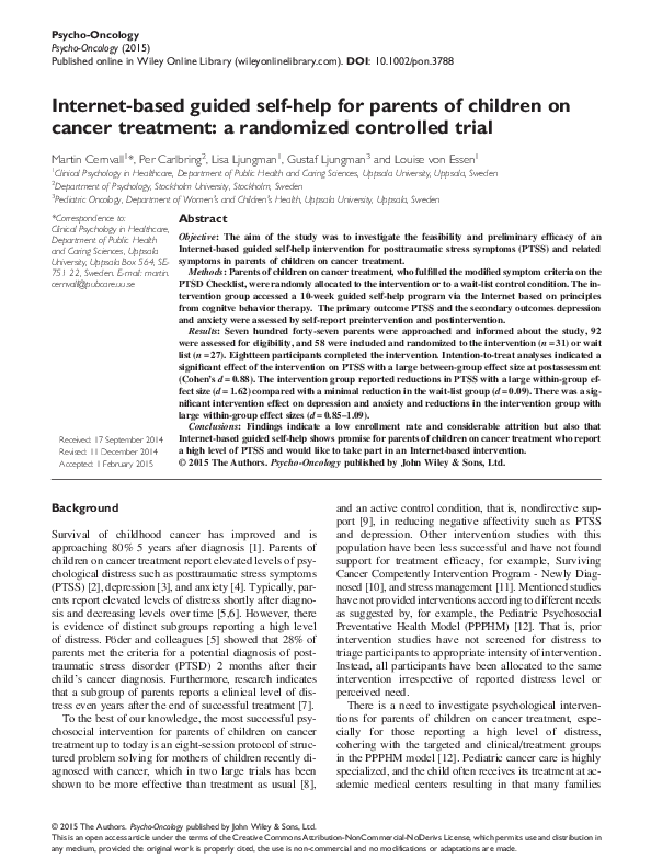 (PDF) Internet-based guided self-help for parents of children on cancer treatment: a randomized ...