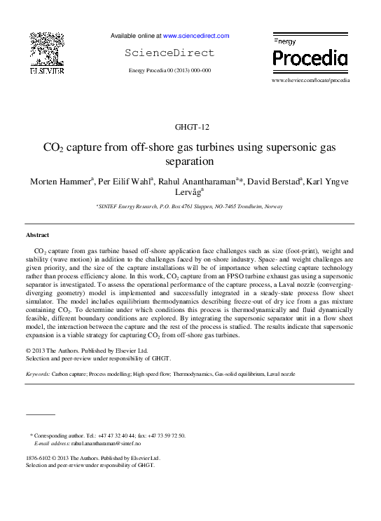 (PDF) CO2 Capture from Off-shore Gas Turbines Using Supersonic Gas ...