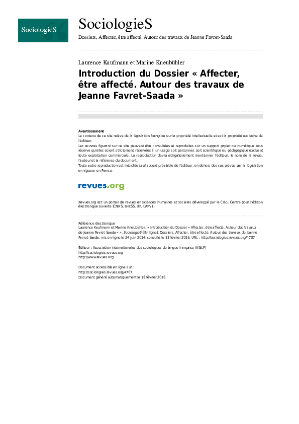 (PDF) Introduction du Dossier « Affecter, être affecté. Autour des ...