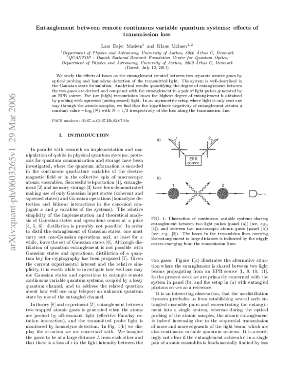 (PDF) Entanglement between remote continuous-variable quantum systems: Effects of transmission loss