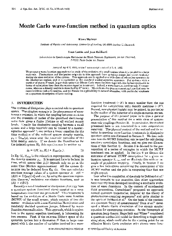 Pdf Monte Carlo Wave Function Method In Quantum Optics