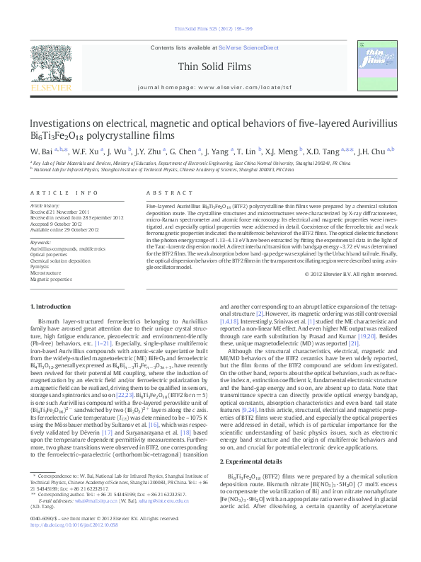 (PDF) Multiferroic Properties of Bi6Ti3Fe2O18 Films
