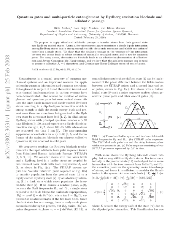 (PDF) Quantum Gates and Multiparticle Entanglement by Rydberg ...