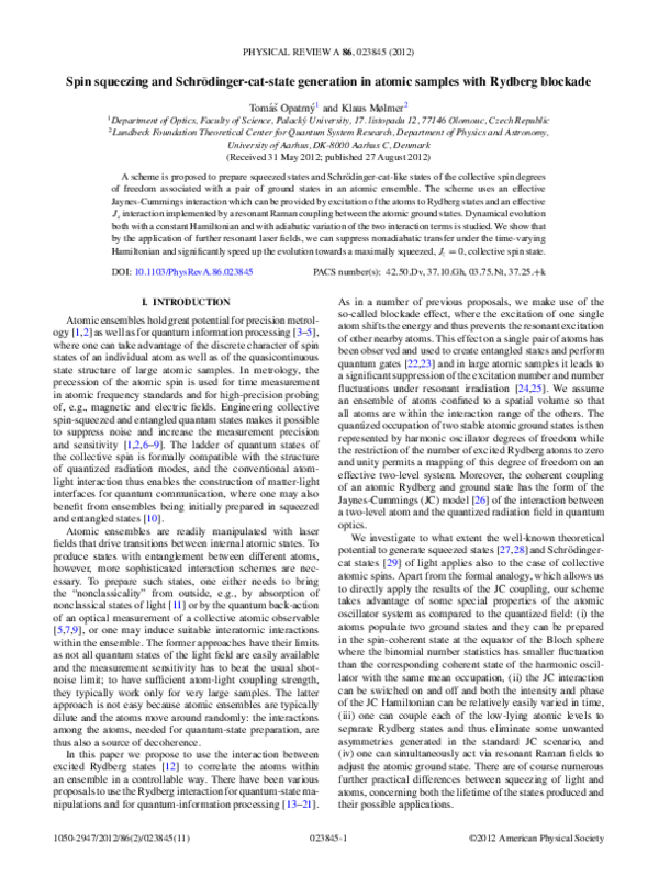 (PDF) Spin squeezing and Schrödinger-cat-state generation in atomic samples with Rydberg blockade