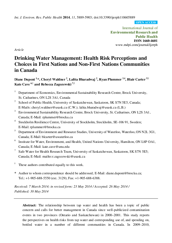 (PDF) Drinking Water Management: Health Risk Perceptions and Choices in ...