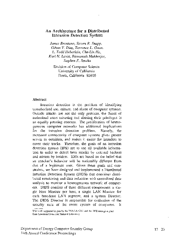 Pdf An Architecture For A Distributed Intrusion Detection System
