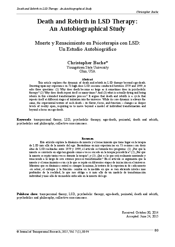 (PDF) Death and Rebirth in LSD Therapy: An Autobiographical Study