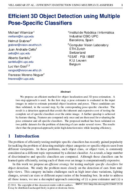 Pdf Efficient 3d Object Detection Using Multiple Pose Specific