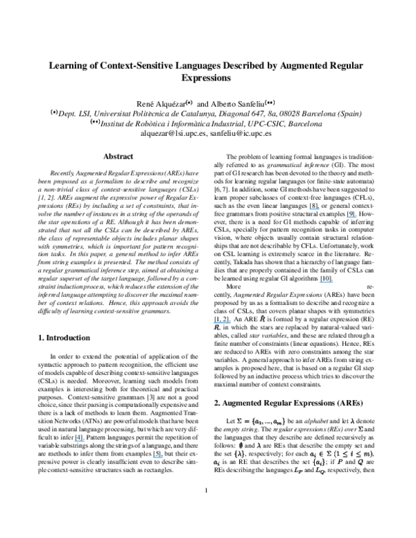 Pdf Learning Of Context Sensitive Languages Described By Augmented Regular Expressions