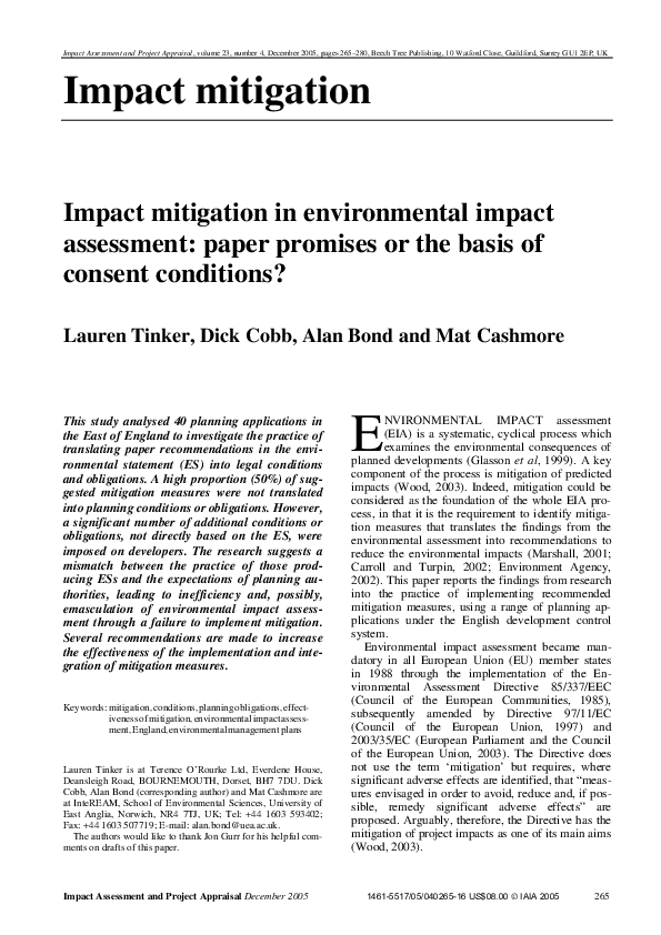 (PDF) Impact mitigation in environmental impact assessment: paper ...