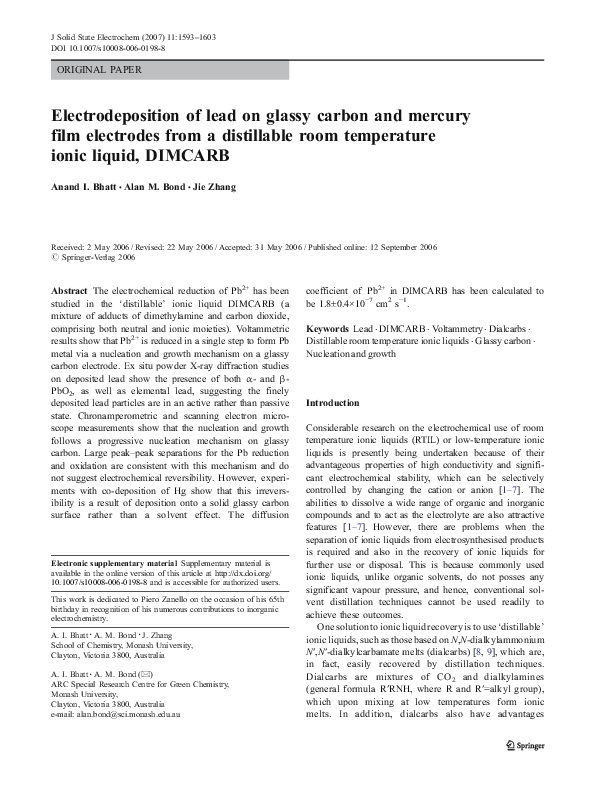(PDF) Electrodeposition of lead on glassy carbon and mercury film electrodes from a distillable ...