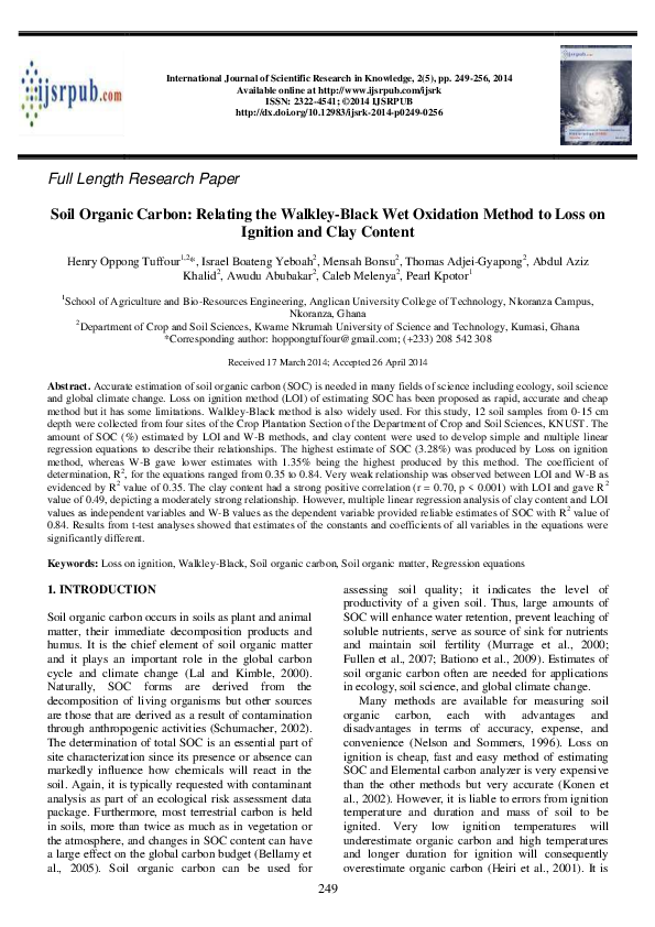 (PDF) Soil Organic Carbon: Relating the Walkley-Black Wet Oxidation ...