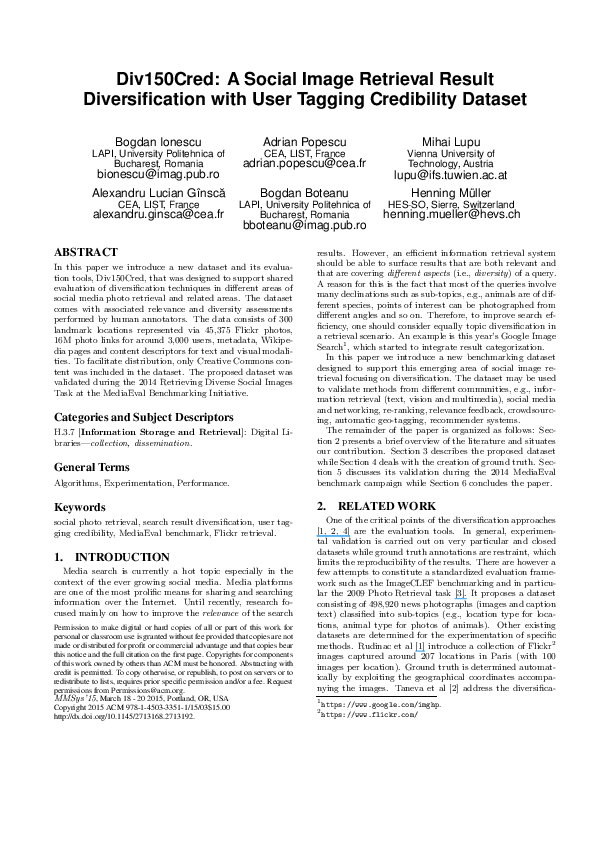 Pdf Div150cred A Social Image Retrieval Result Diversification With User Tagging Credibility