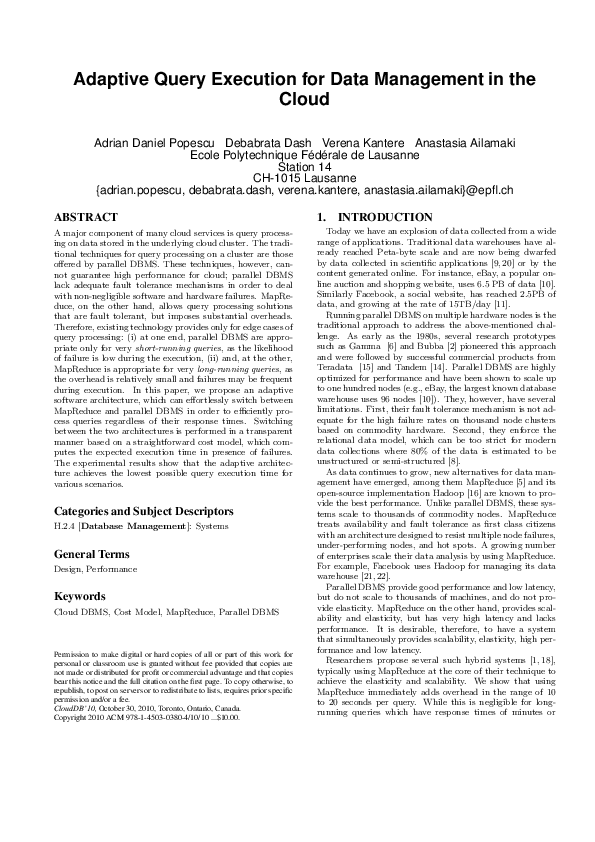 (PDF) Adaptive query execution for data management in the cloud