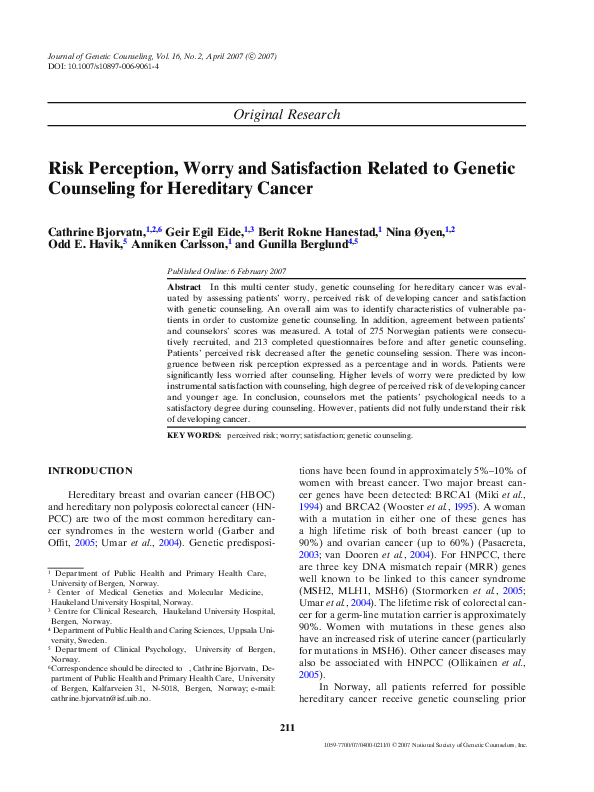 (PDF) Risk Perception, Worry and Satisfaction Related to Genetic ...