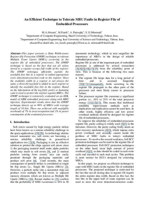 (PDF) An efficient technique to tolerate MBU faults in register file of embedded processors