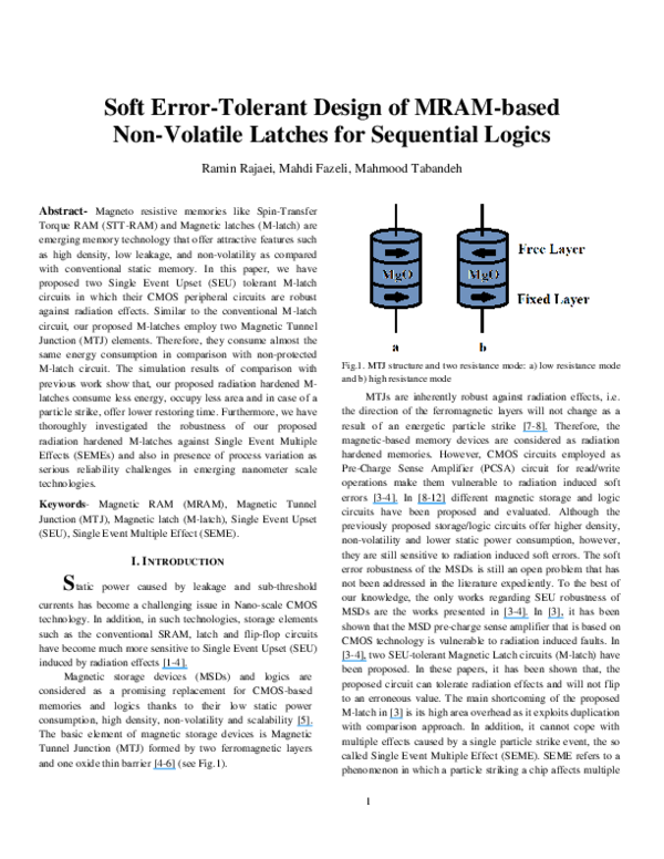Pdf Soft Error Tolerant Design Of Mram Based Non Volatile Latches For Sequential Logics
