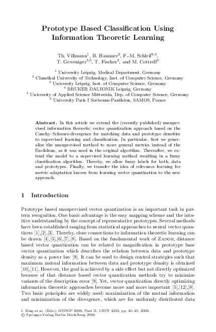 Pdf Prototype Based Classification Using Information Theoretic Learning