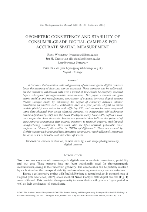 (PDF) Geometric consistency and stability of consumer-grade digital cameras for accurate spatial ...