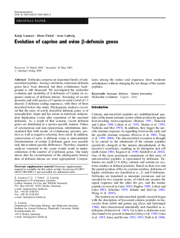 (PDF) Evolution of caprine and ovine β-defensin genes