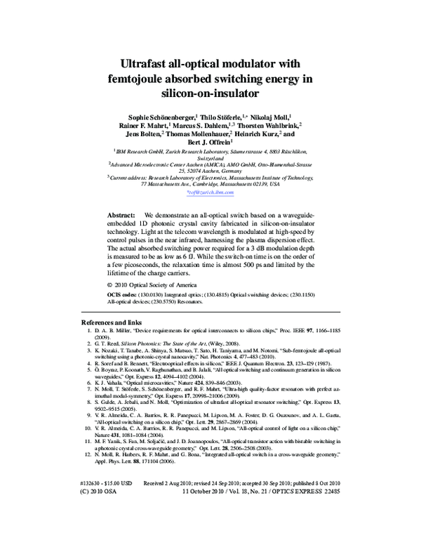 (PDF) Ultrafast all-optical modulator with femtojoule absorbed switching energy in silicon-on ...