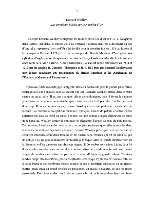 (DOC) Leonard Woolley : Les premières fouilles sur le cimetière d'Ur