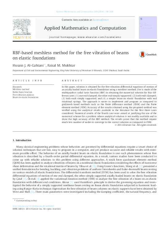 (PDF) RBF-based meshless method for the free vibration of beams on ...