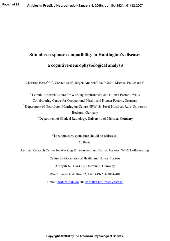Pdf Stimulus Response Compatibility In Huntingtons Disease A Cognitive Neurophysiological