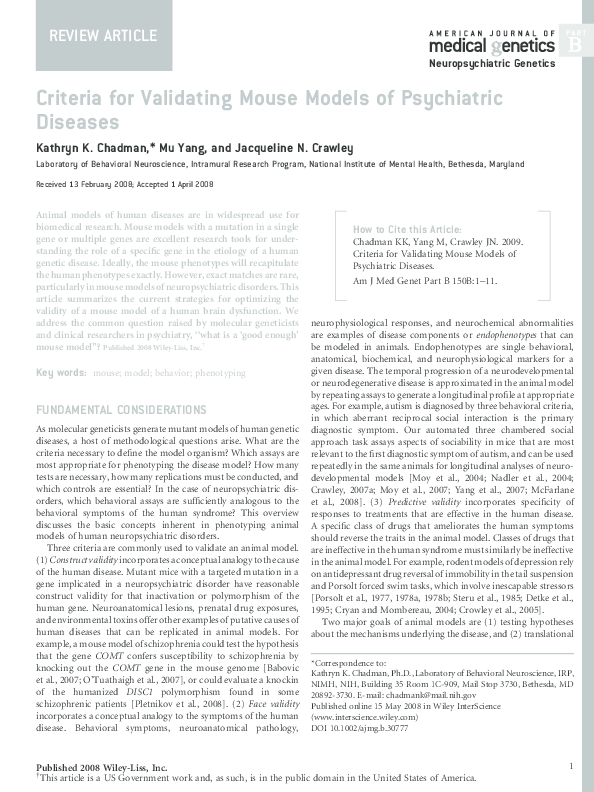 (PDF) Criteria for validating mouse models of psychiatric diseases