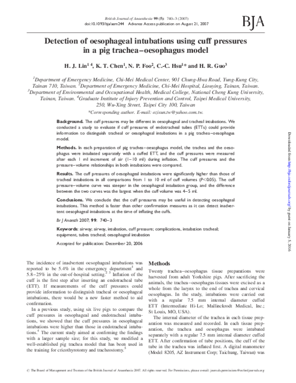 (PDF) Detection of oesophageal intubations using cuff pressures in a ...