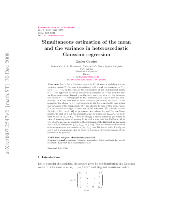 (PDF) Simultaneous estimation of the mean and the variance in heteroscedastic Gaussian regression