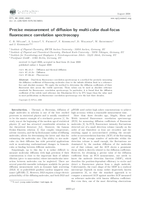 Pdf Precise Measurement Of Diffusion By Multi Color Dual Focus Fluorescence Correlation
