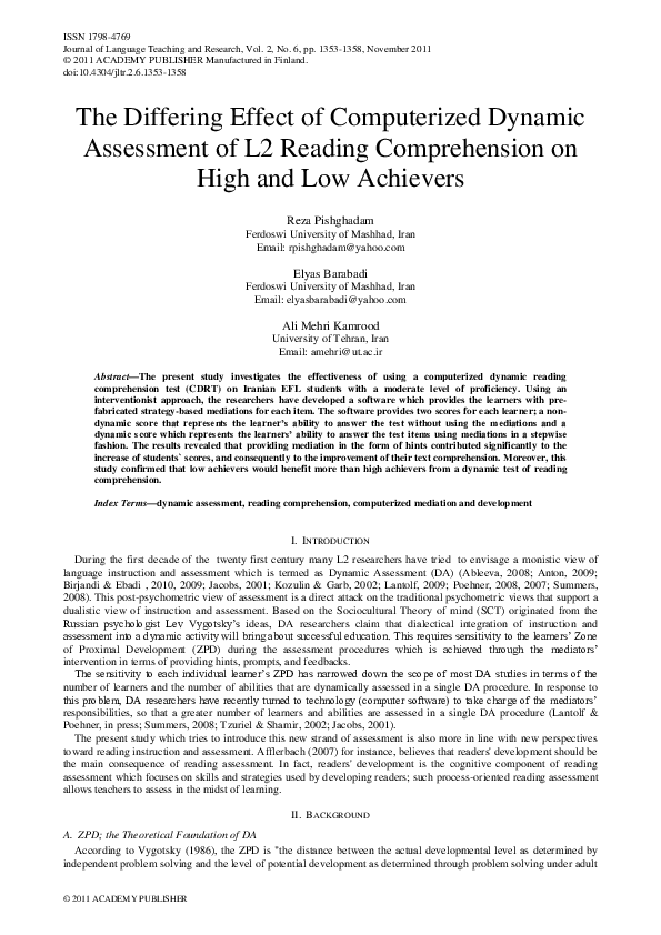 Pdf The Differing Effect Of Computerized Dynamic Assessment Of L2 Reading Comprehension On