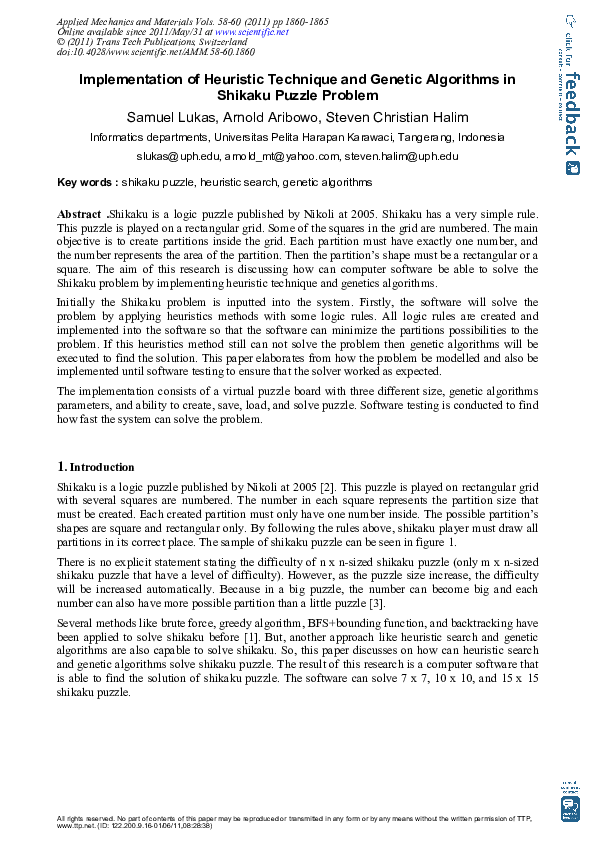 (PDF) Implementation of Heuristic Technique and Genetic Algorithms in Shikaku Puzzle Problem