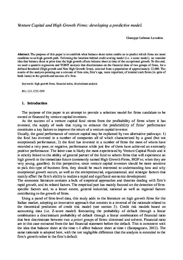 (PDF) Venture Capital and High Growth Firms: developing a predictive model