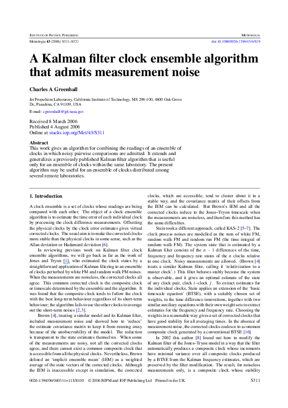 (PDF) A Kalman filter clock ensemble algorithm that admits measurement ...
