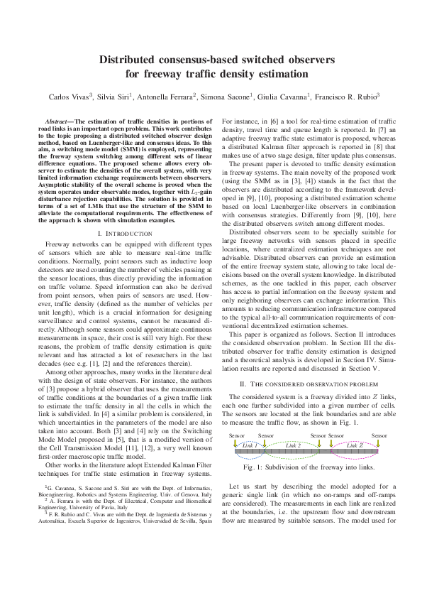 (PDF) Distributed consensus-based switched observers for freeway traffic density estimation