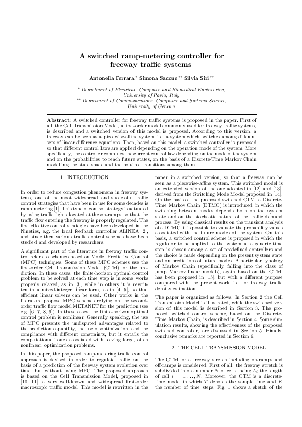 Pdf A Switched Ramp Metering Controller For Freeway Traffic Systems