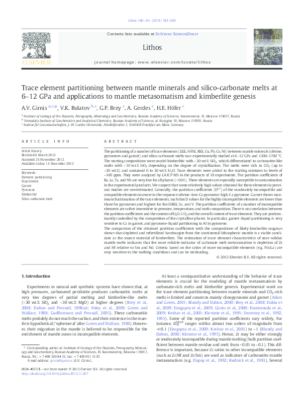 (PDF) Trace element partitioning between mantle minerals and silico-carbonate melts at 6?12GPa ...