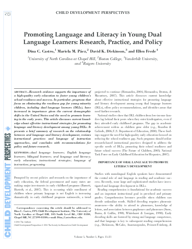 (PDF) Promoting Language and Literacy in Young Dual Language Learners: Research, Practice, and ...