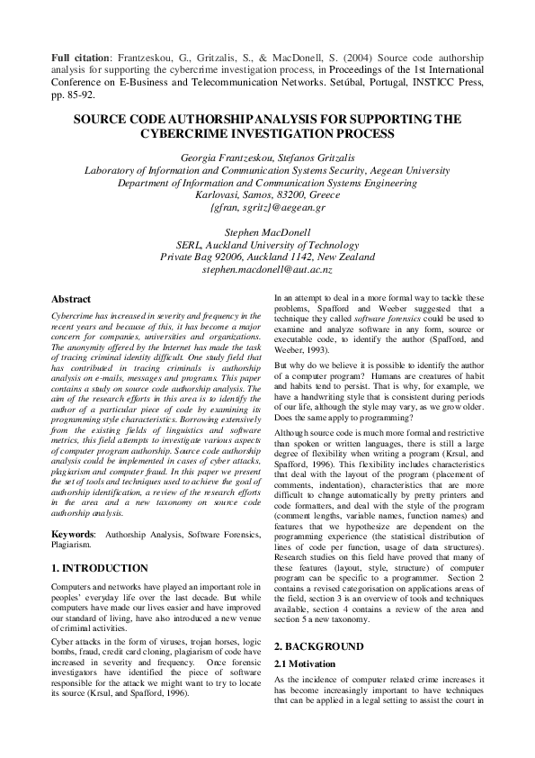 (PDF) Source code authorship analysis for supporting the cybercrime investigation process (ICETE)