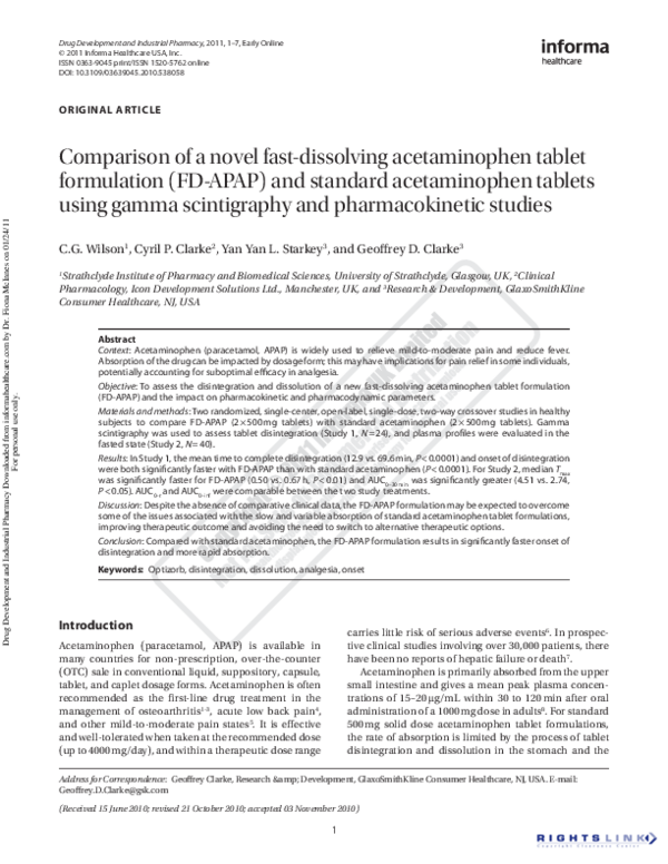 Pdf Comparison Of A Novel Fast Dissolving Acetaminophen Tablet Formulation Fd Apap And