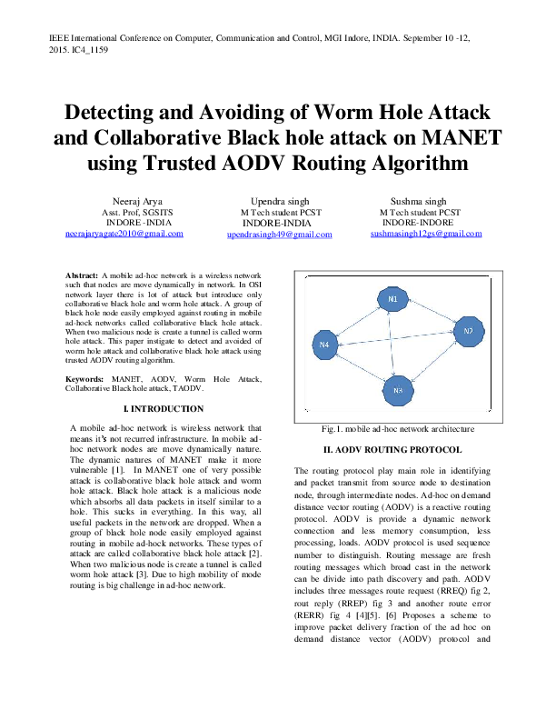 Pdf Detecting And Avoiding Of Worm Hole Attack And Collaborative Black Hole Attack On Manet